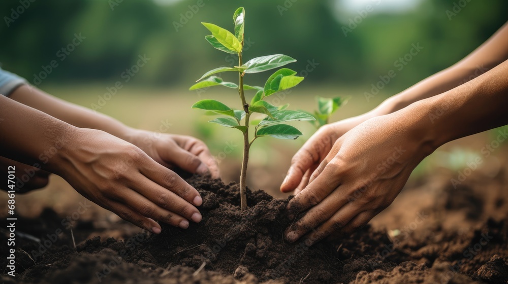 Fotka „Hands of diverse individuals participate in a tree planting ...