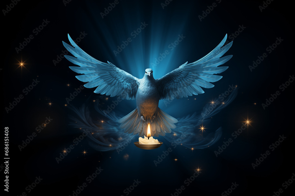 Holy spirit dove and lit candle on blue background. Baptism holiday ...