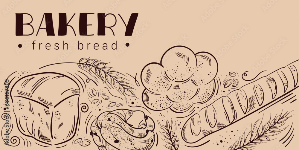 Bakery background. Linear graphic. Bread and pastry collection. Bread ...
