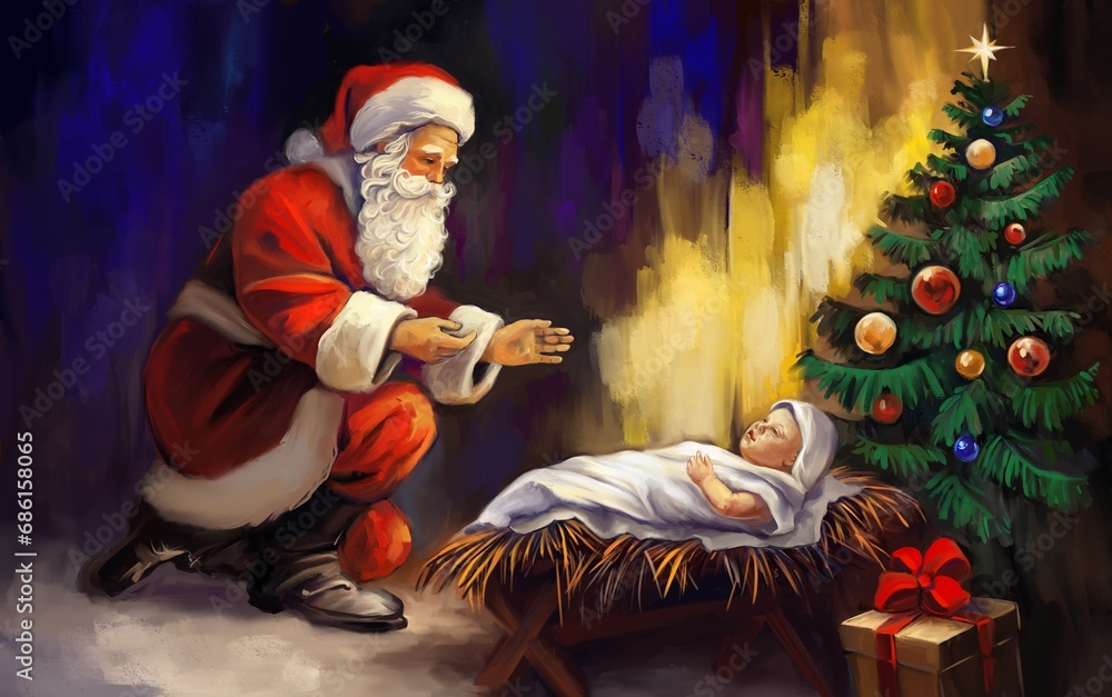 Christmas story. A true Christmas. Santa Claus bowed to the baby Jesus ...