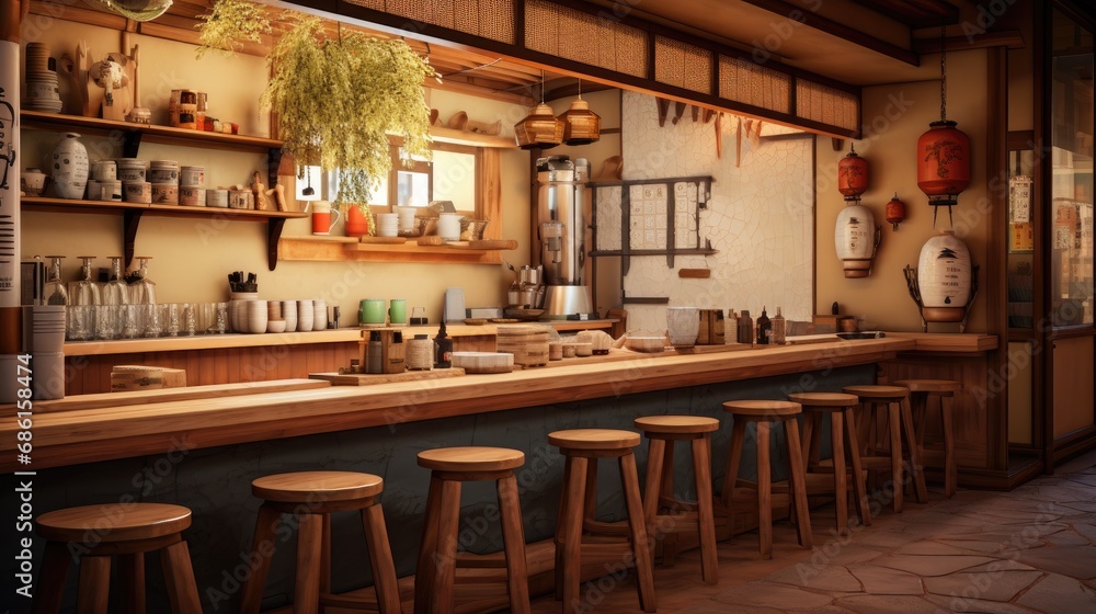 Japanese restaurant. Counter section of a typical small traditional ...