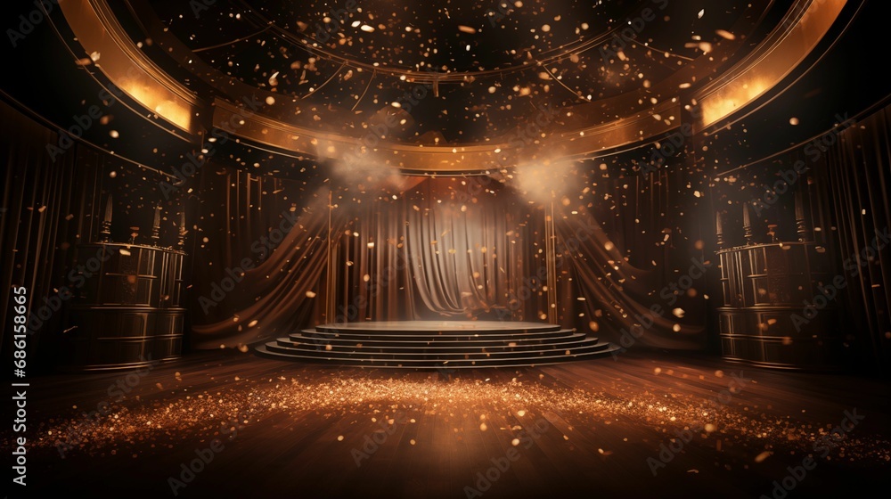 An image of an empty festival stage decorated with golden confetti ...