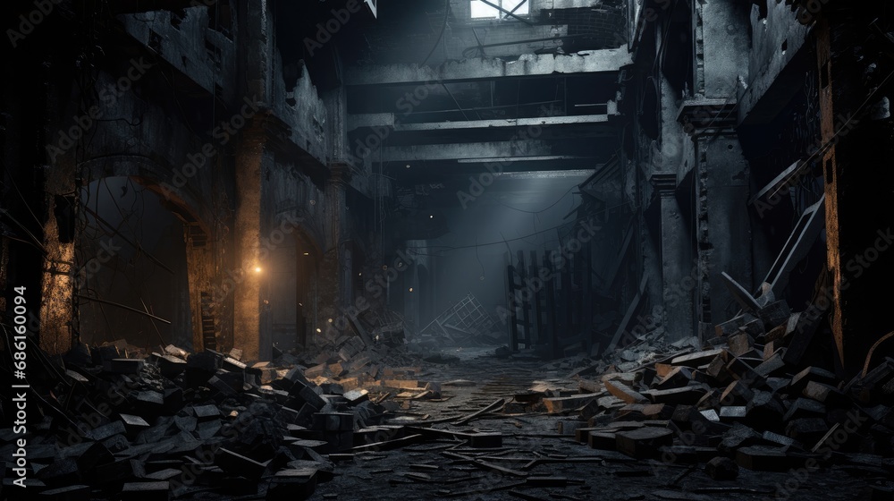 Inside a dark and dim abandoned or destroyed building. Crumbling ...