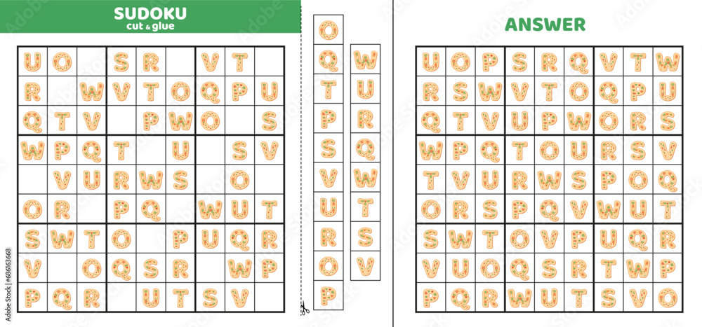 Hard sudoku with nine cookie letters. Christmas alphabet. Game puzzle ...