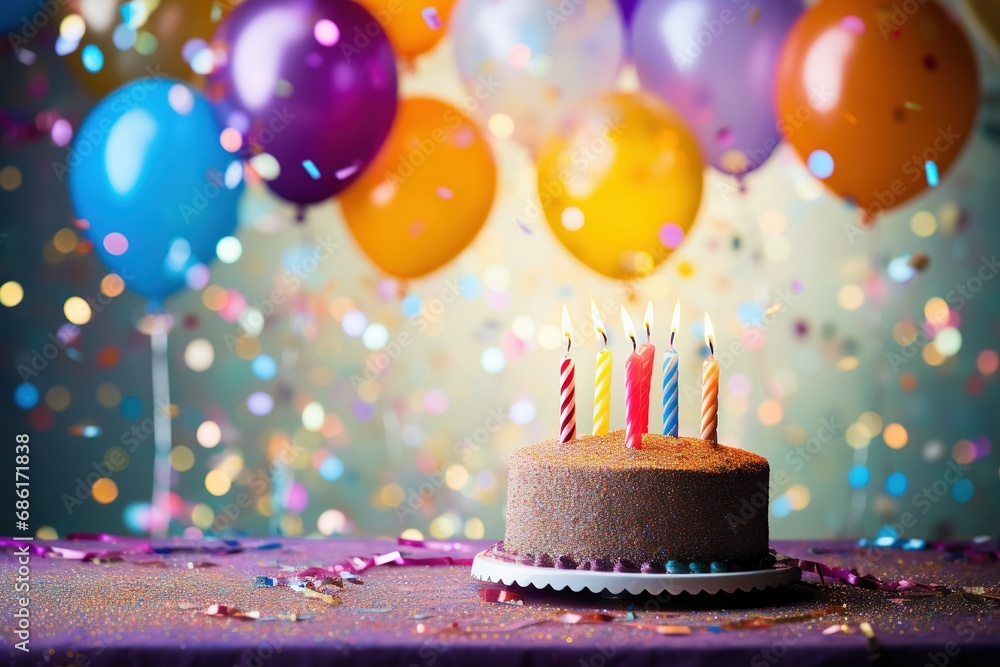 Beautiful happy birthday Background With Balloons, cake with candel and ...