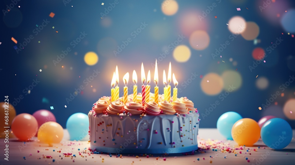 Beautiful happy birthday Background With Balloons, cake with candel and ...