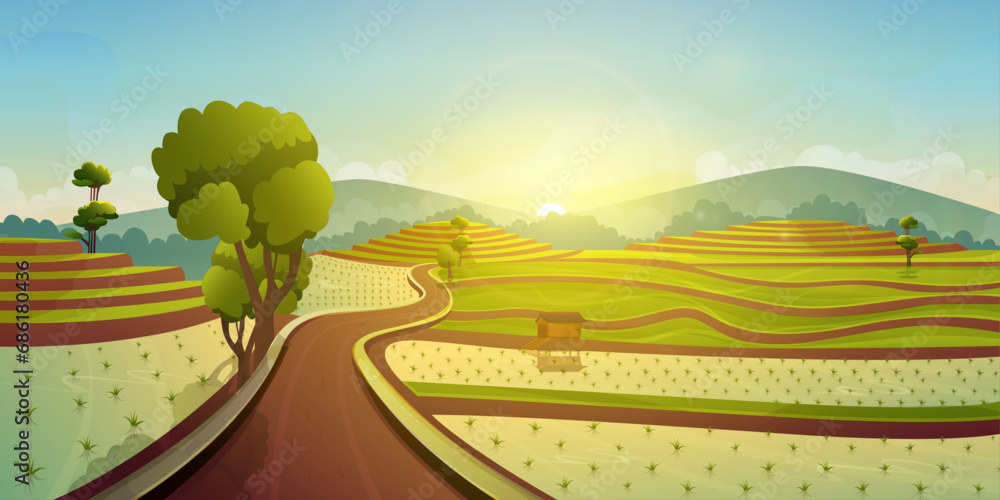 Cartoon illustration of a road going through a rice field at morning ...