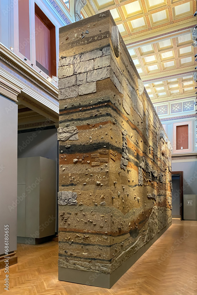 A model of a wall showing the depth level during excavations of the ...