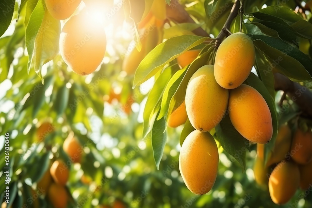 Ripe juicy mango fruits hanging on tree branch, sunlight. Close up of ...