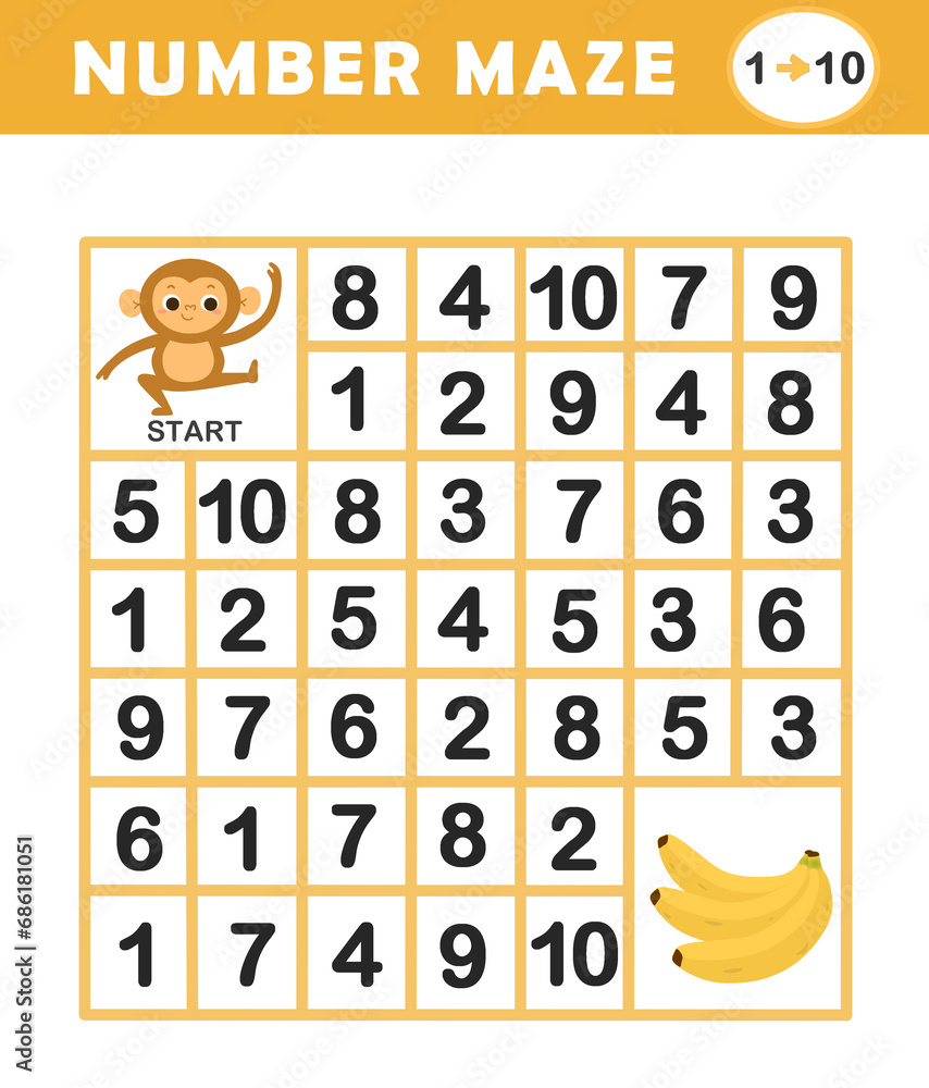 Number maze game for children with cute monkey illustration. Help the ...