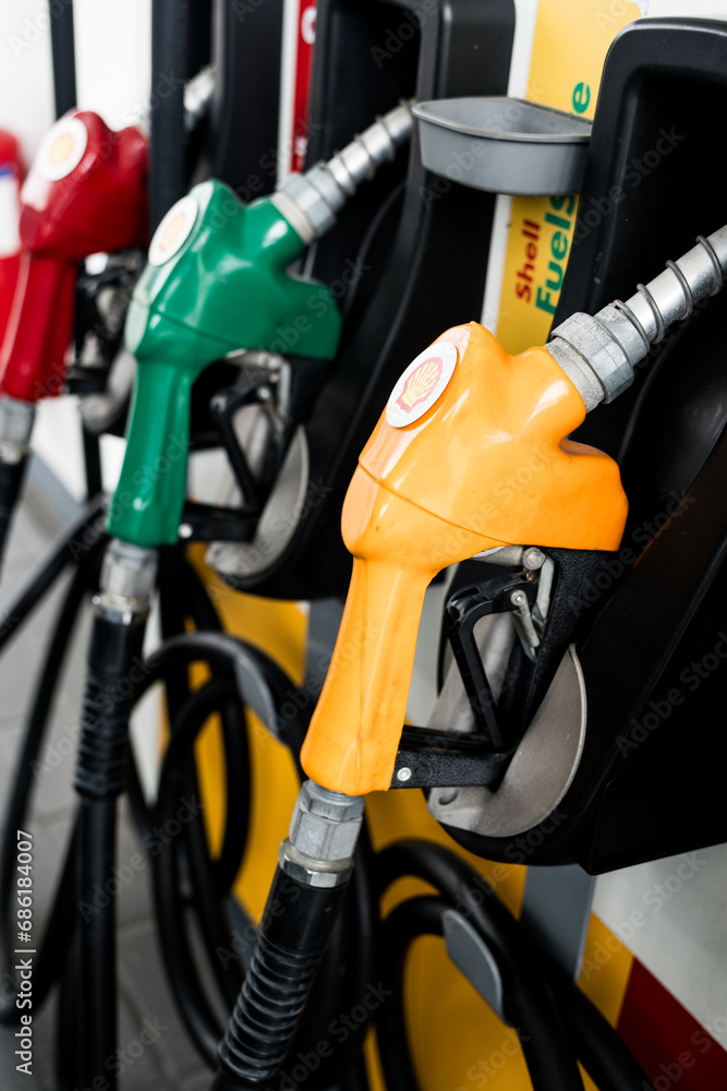BANGKOK, THAILAND - November 30, 2023 : Shell gas pump nozzles at a ...