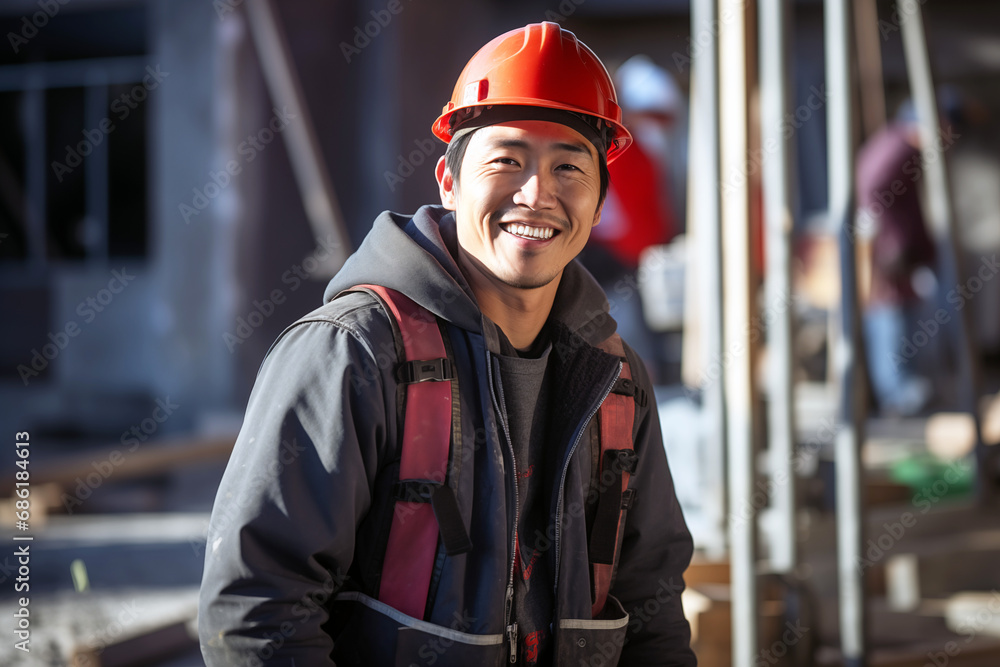 Smiling men bricklayer in work clothes on a construction site. Mason at ...