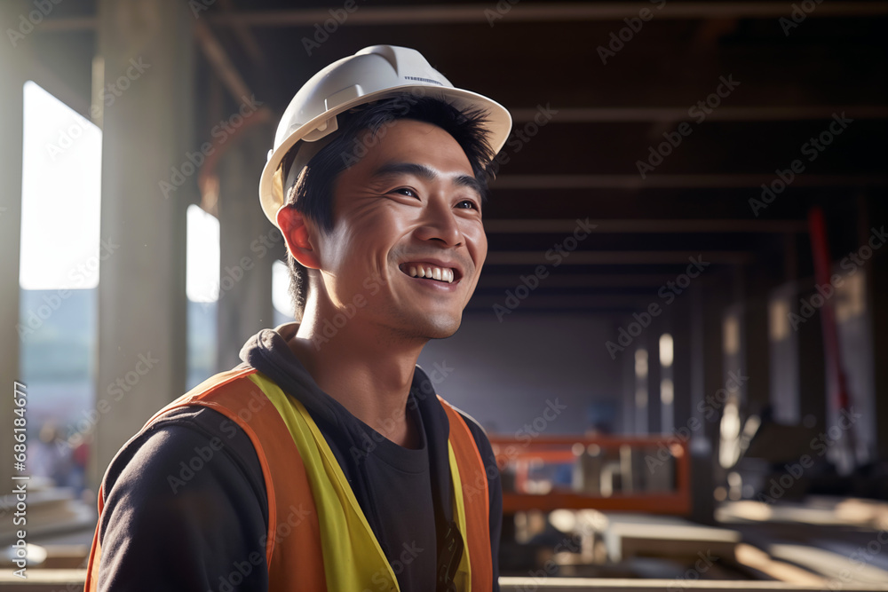 Smiling men bricklayer in work clothes on a construction site. Mason at ...