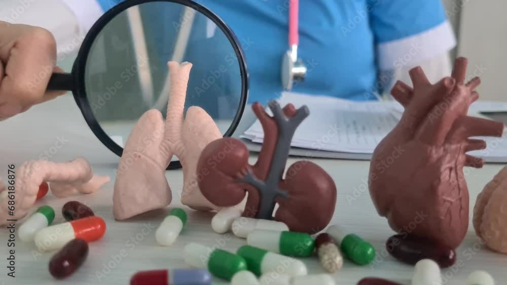 Doctor magnifies person internal organs using magnifying glass. Anatomy ...