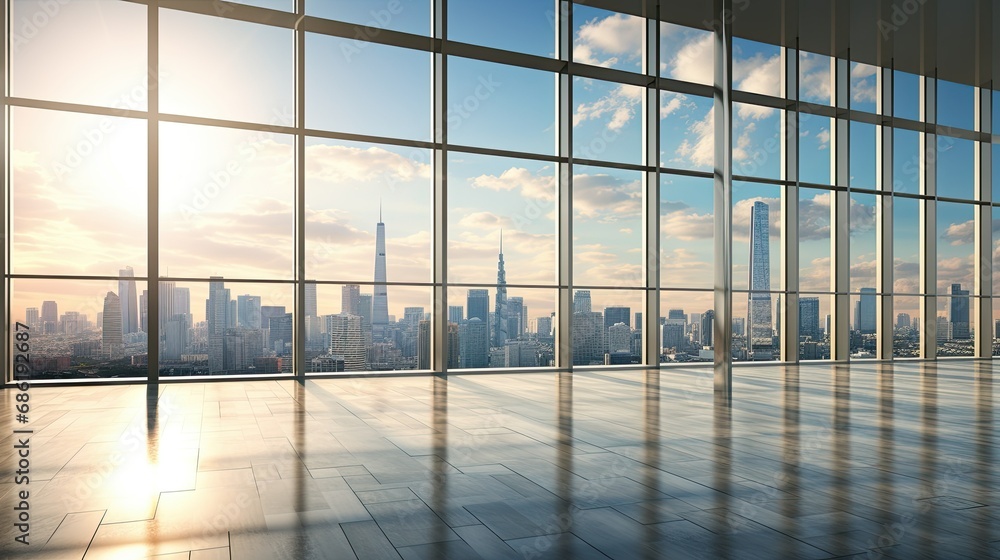 Clean and clear office room with skyscraper in the background out of ...