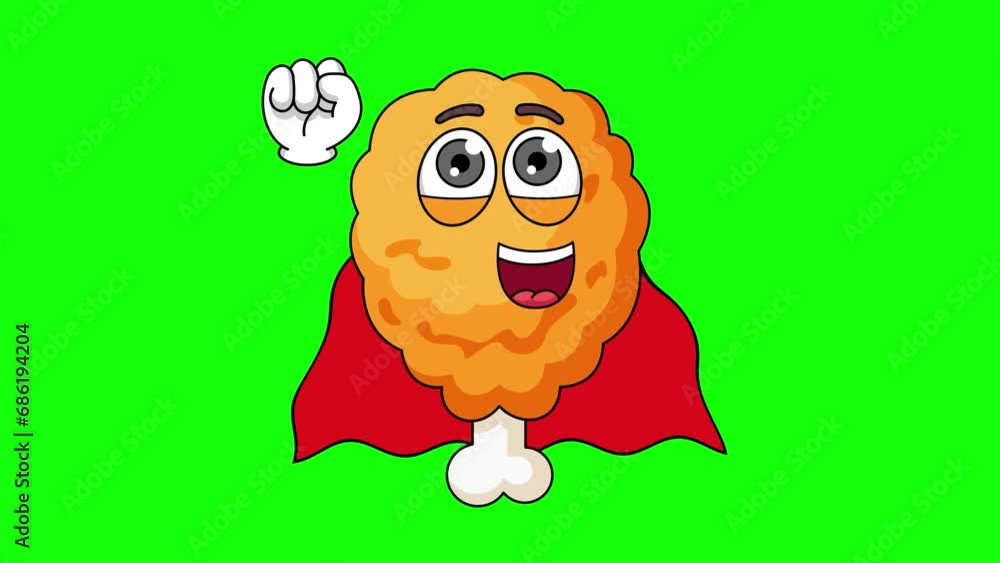 Superhero fried chicken cartoon flying with red cape, green screen ...
