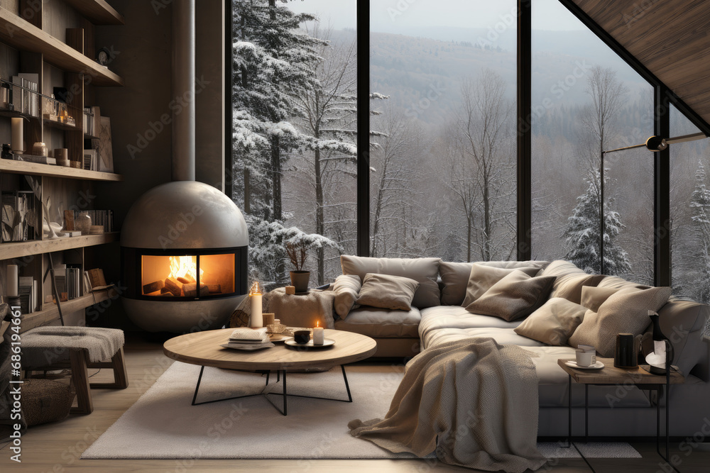 Living room decor modern ecolodge in Scandinavian style, interior ...