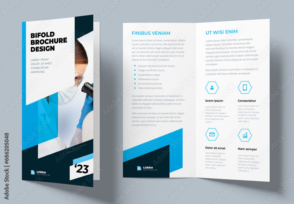 Bifold Brochure Layout with Blue flat Elements Stock Template | Adobe Stock