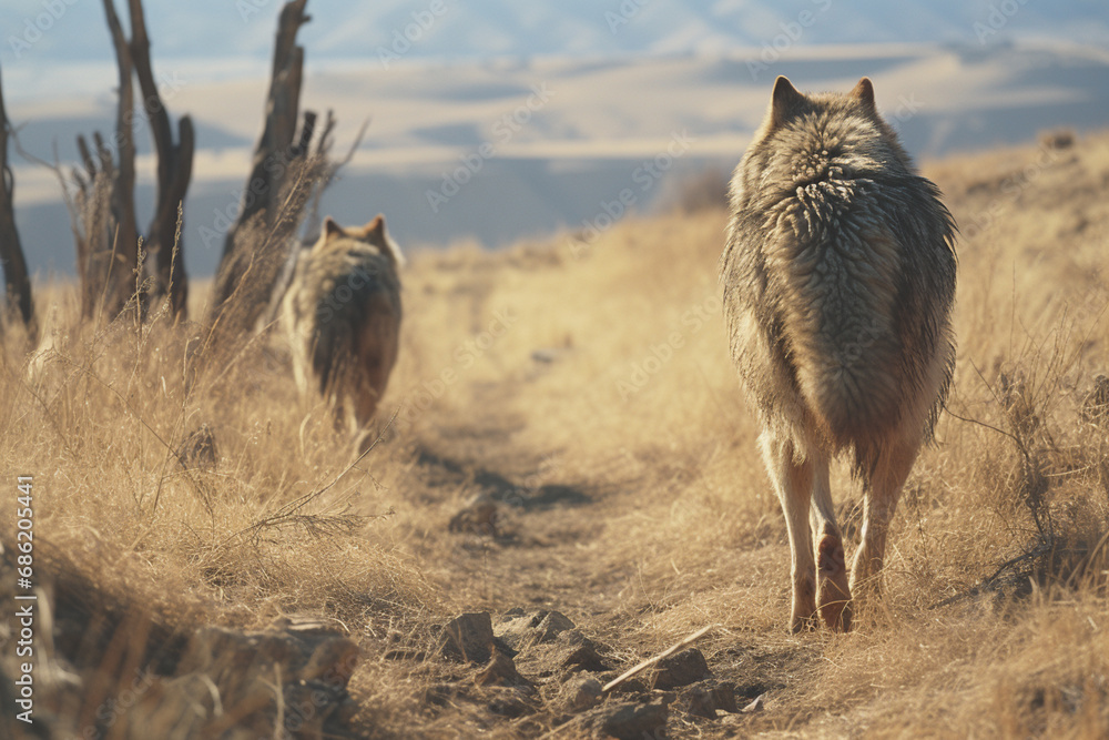 A series of images illustrating the pack hunting strategy of coyotes ...