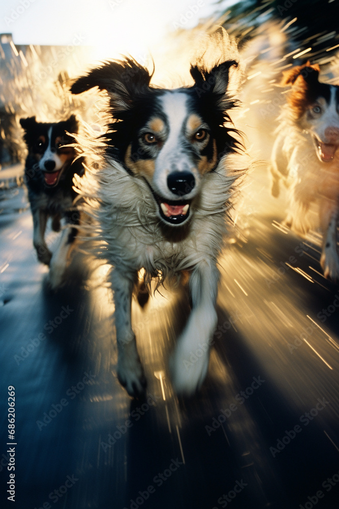 Racing dogs in a blur of dynamic motion, forming abstract patterns that ...