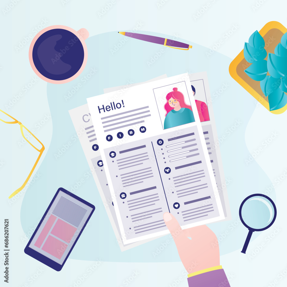 Paper resumes lie on workplace table. HR agent or boss selects new ...