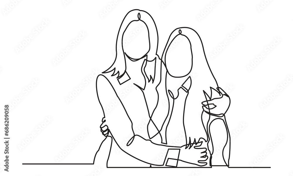 continuous line drawing of two girls hugging each other. the concept of ...