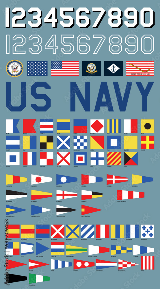 US Navy signals flags, official flags, numbers and symbols, vector ...