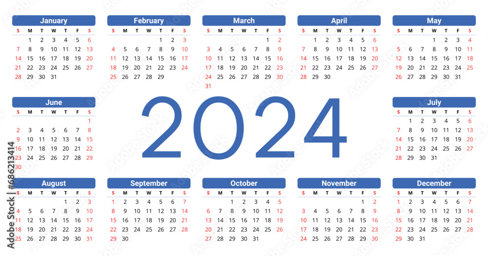 2024 year calendar. Printable vector illustration. English, landscape ...