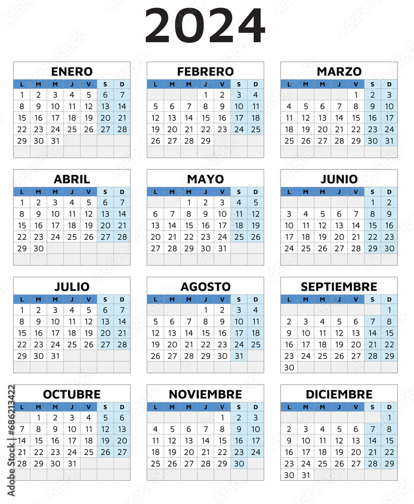 2024 spanish calendar. Printable vector template illustration in Spain ...