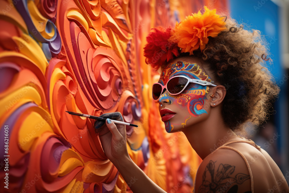 An artist painting a striking mural inspired by the Carnival, adding a ...