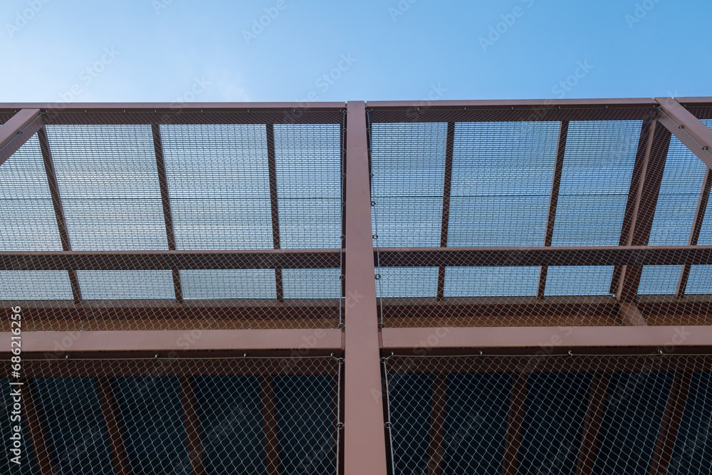 construction detail of building with gallery and steel structure, fall ...