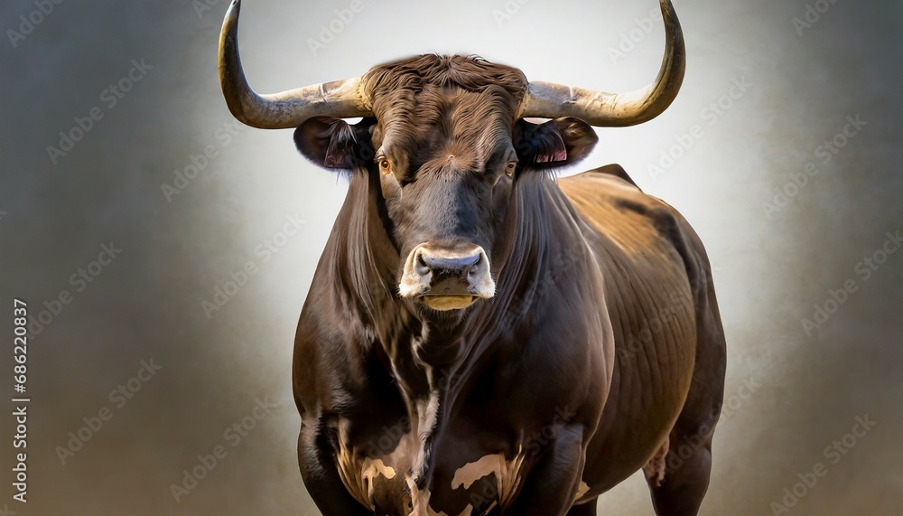 strongest dark brown bull with muscles and long horns portrait looking ...