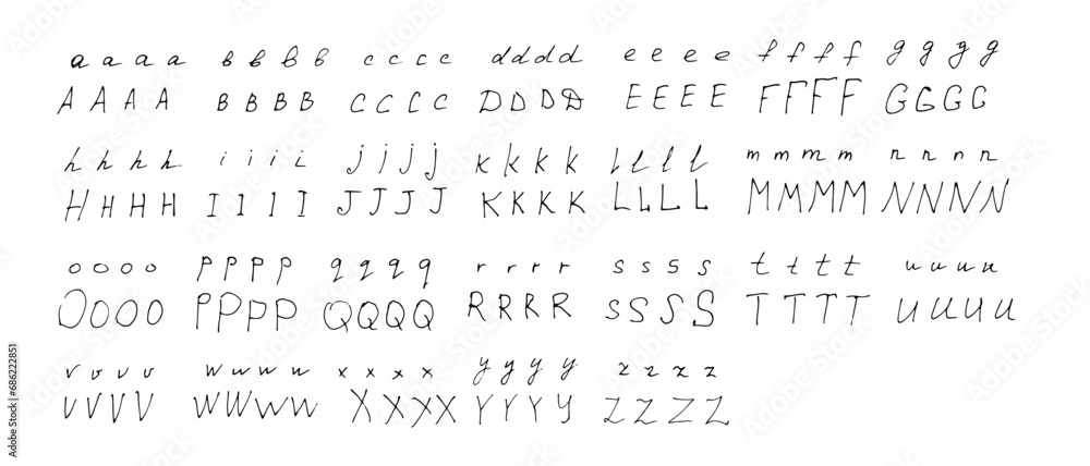 Alphabet is handwritten in black pen scrawl on white background. Doodle ...