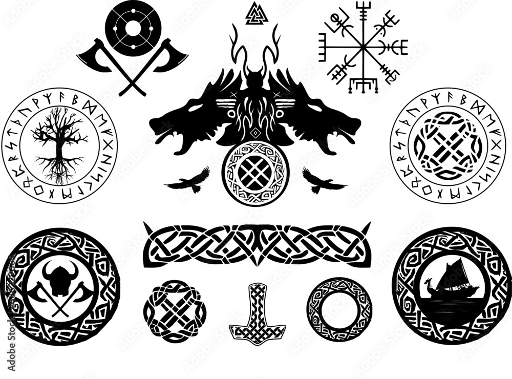 Vektor Set: Magische Wikinger Runen, Tattoos, Symbole und Ornamente ...