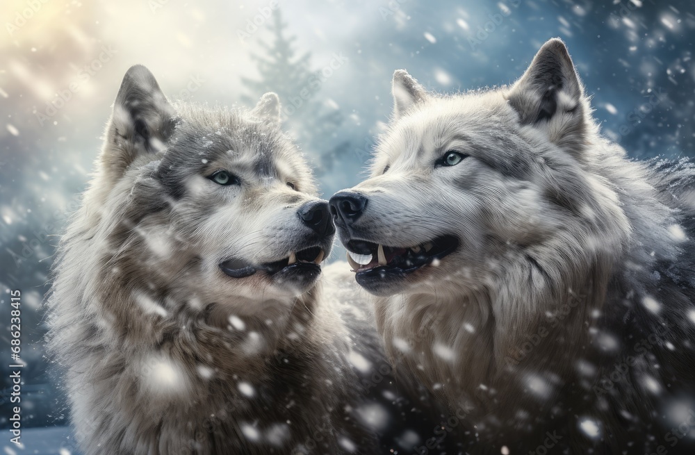 Obraz Two beautiful wild arctic wolves in wolf pack in cold snowy ...