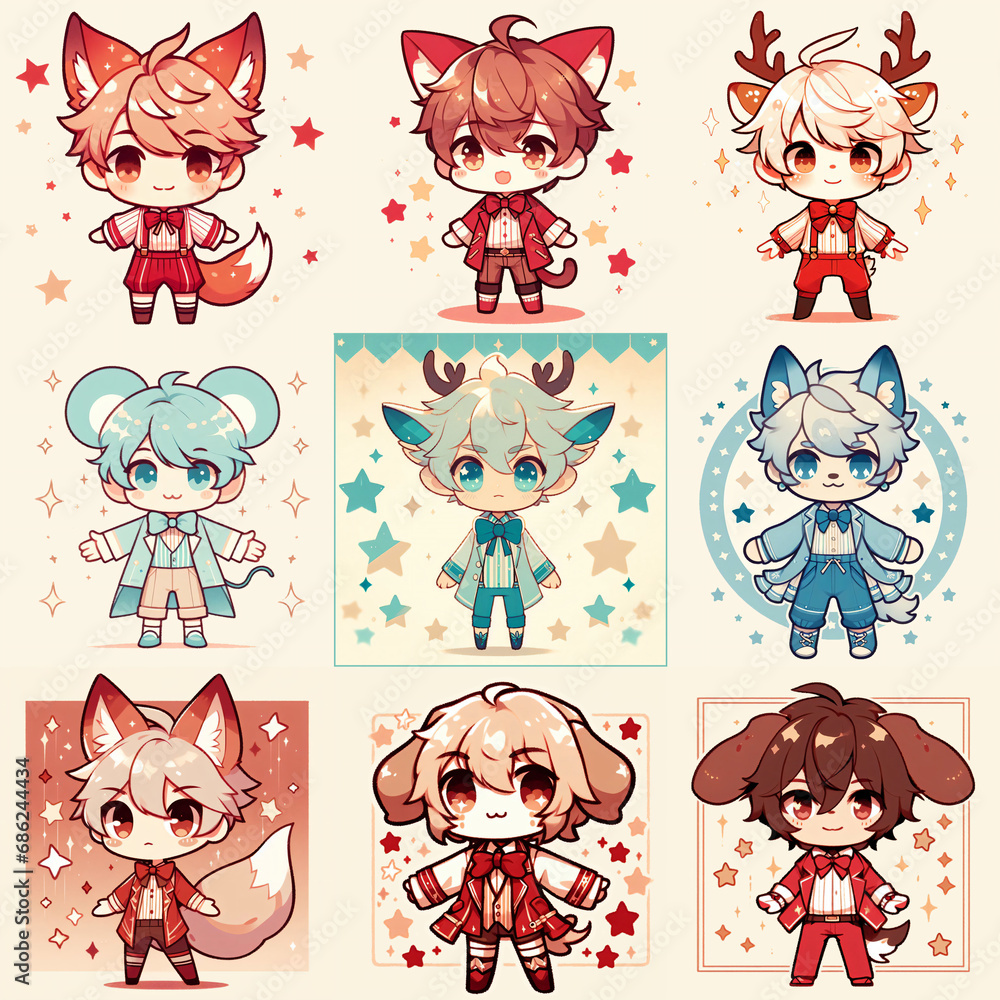 Collection of chibi anthropomorphic characters in red and cyan costumes ...