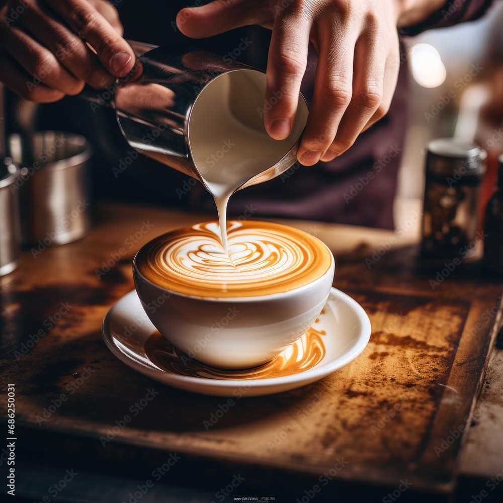Professional barista making coffee poring latter art in cafe for ...