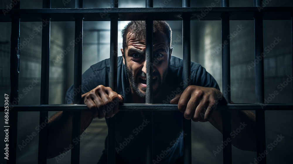 Angry male inmate confined behind bars desperately asking to released ...