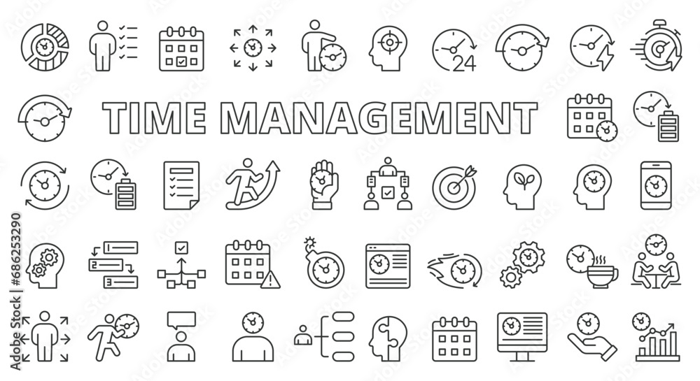 Time management icon set line design blue. Time, manager, icon ...