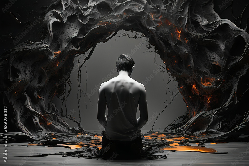 A Young Man Confronts His Demons, Knees Buckling under the Weight of ...