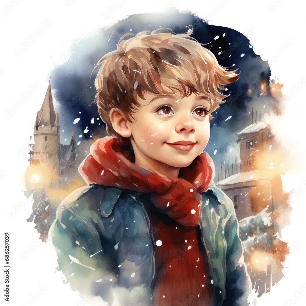 Delightful Watercolor Clipart Little Boy Experiencing Christmas Wonder ...