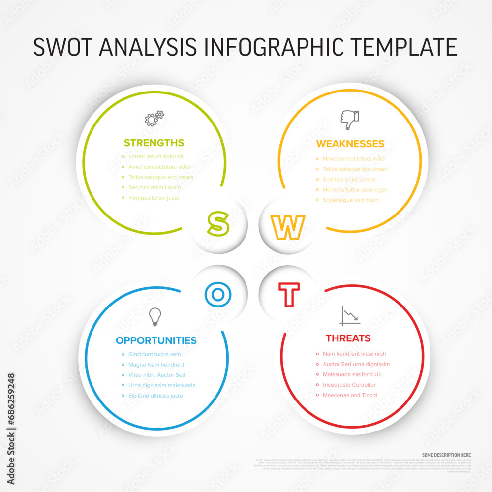 Vector simple SWOT illustration template with circles and icons Stock ...