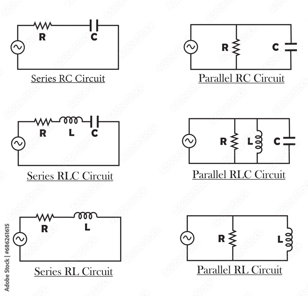 Different types of electric circuit diagram (RC, RLC and RLC). vector ...