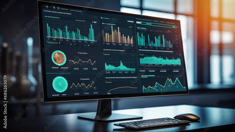 Photo & Art Print monitor with infographic workspace On the desk, there ...
