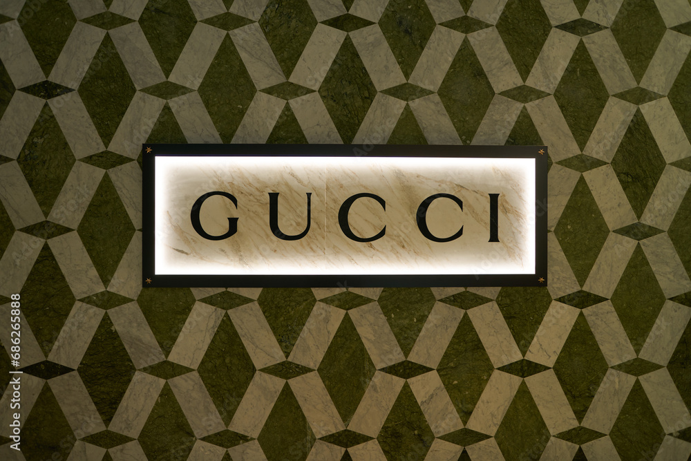 SINGAPORE - NOVEMBER 05, 2023: close up shot of Gucci sign as seen in ...