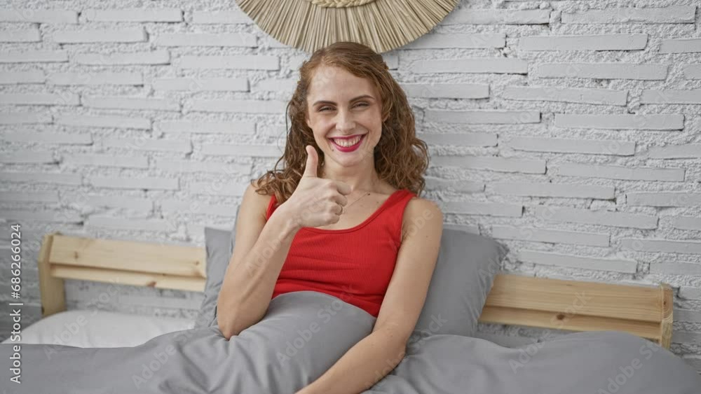 Happy young woman, sitting on her bed in pyjamas, wearing a beaming ...