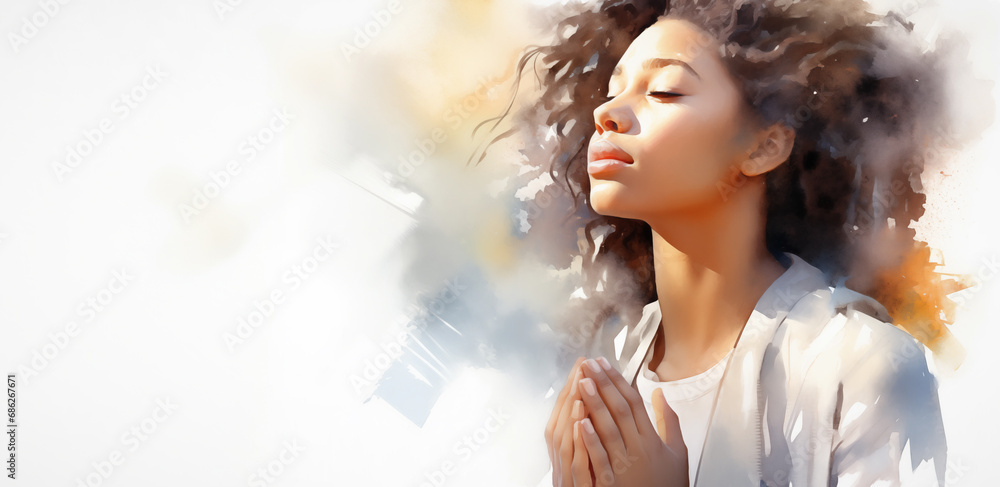 abstract illustration of a pretty young African american black teen girl praying with her hands ...