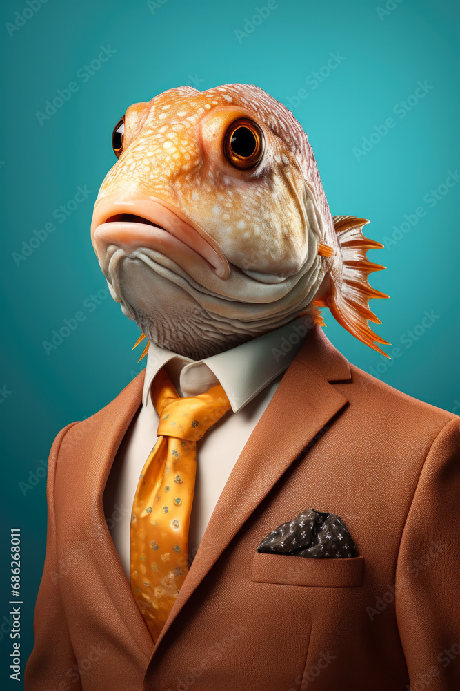 A picture of a man dressed in a suit and tie, but with a fish head ...