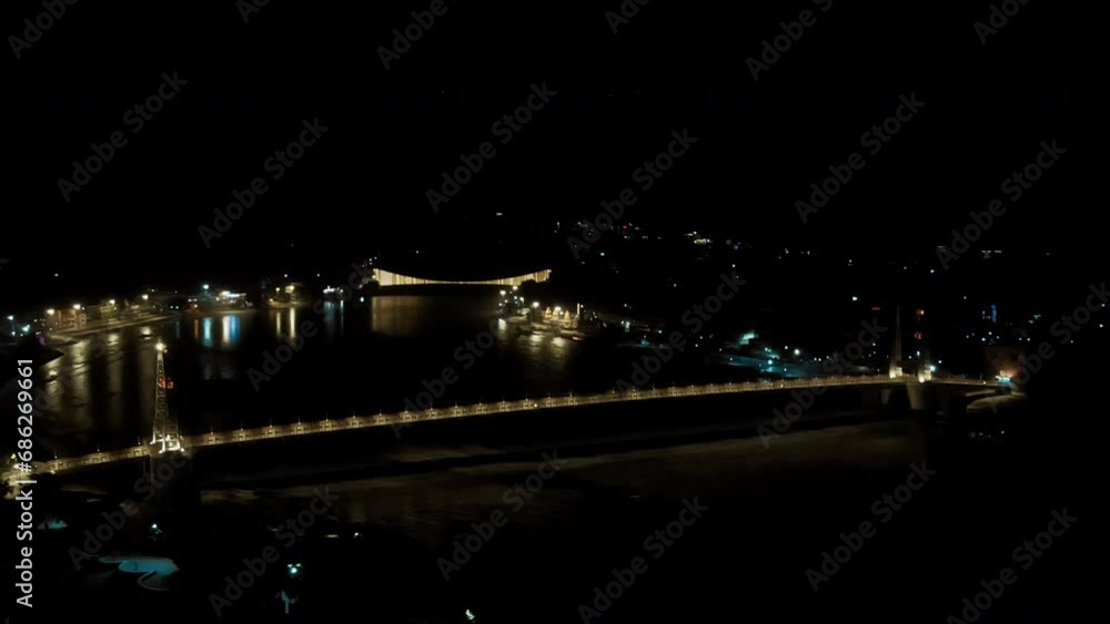 Aerial shot of Rishikesh City at night, Ram Setu bridge situated on ...