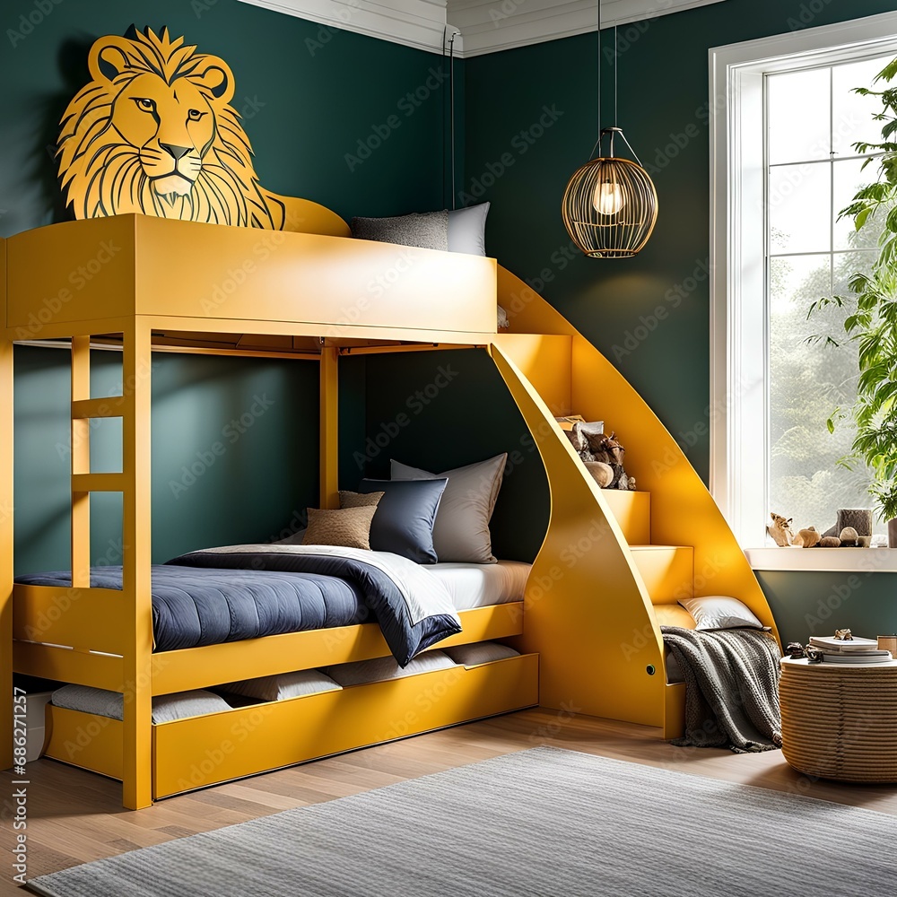 charming bedroom with a lion den shaped bunk bed frame made from soft ...